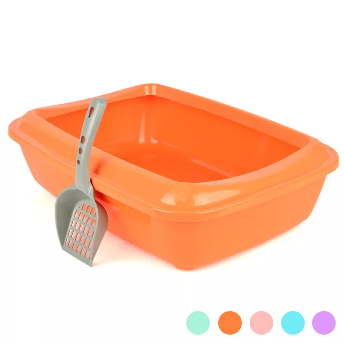 Small Open Cat Litter Box 19" w/ Scoop | Framed Anti-Scatter Pan