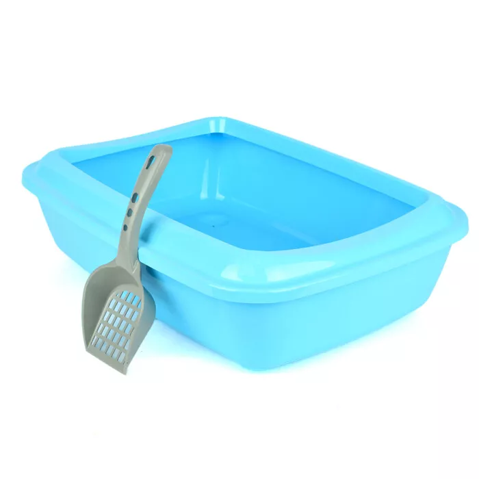 Small Open Cat Litter Box 19" w/ Scoop | Framed Anti-Scatter Pan